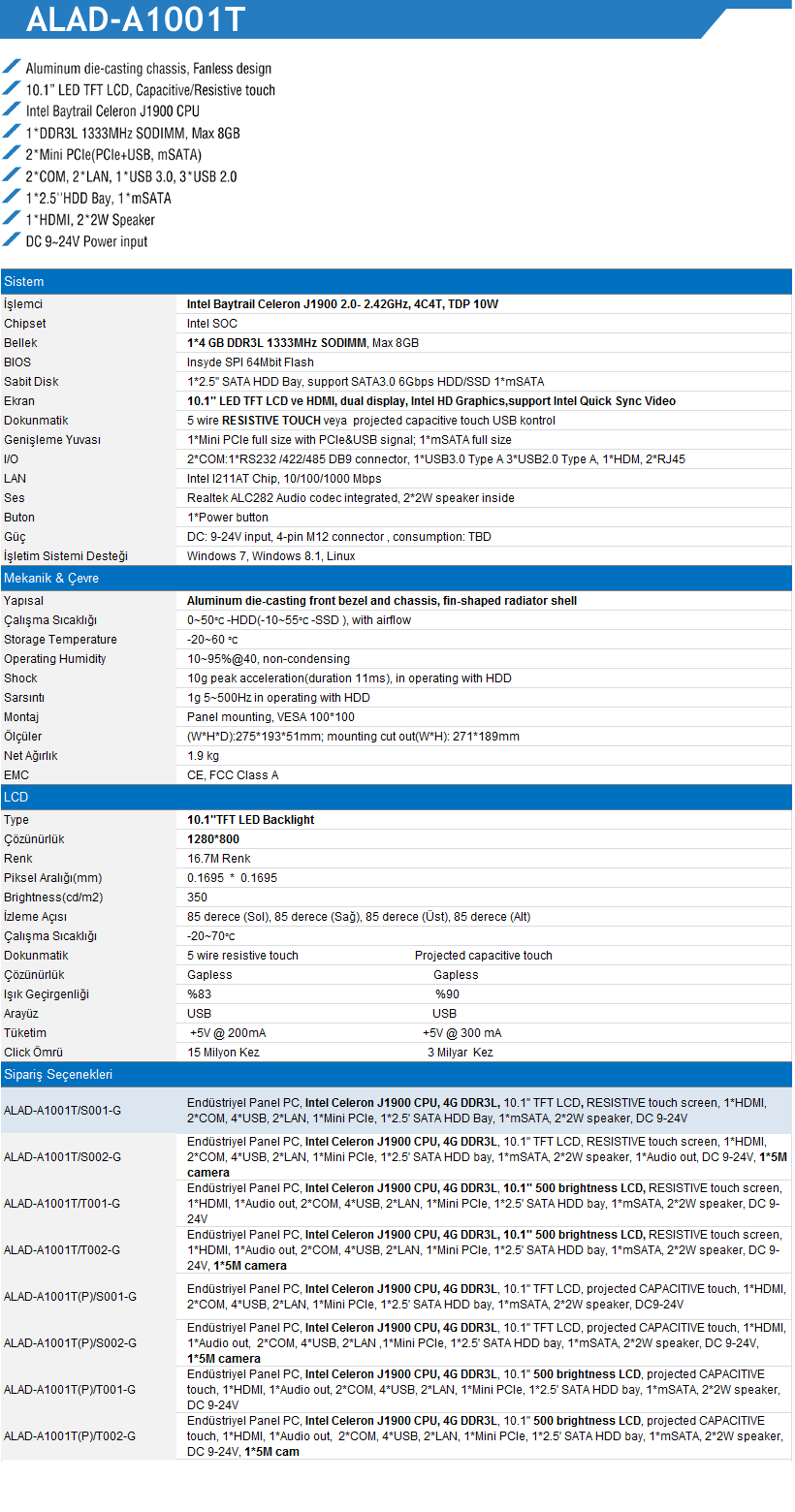 10'' Endüstriyel Panel PC - Jhctech Türkiye Distribütörü