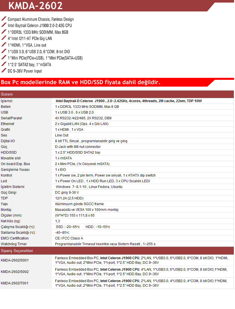KMDA-2602 Endüstriyel Mini Pc - Jhctech Türkiye Distribütörü